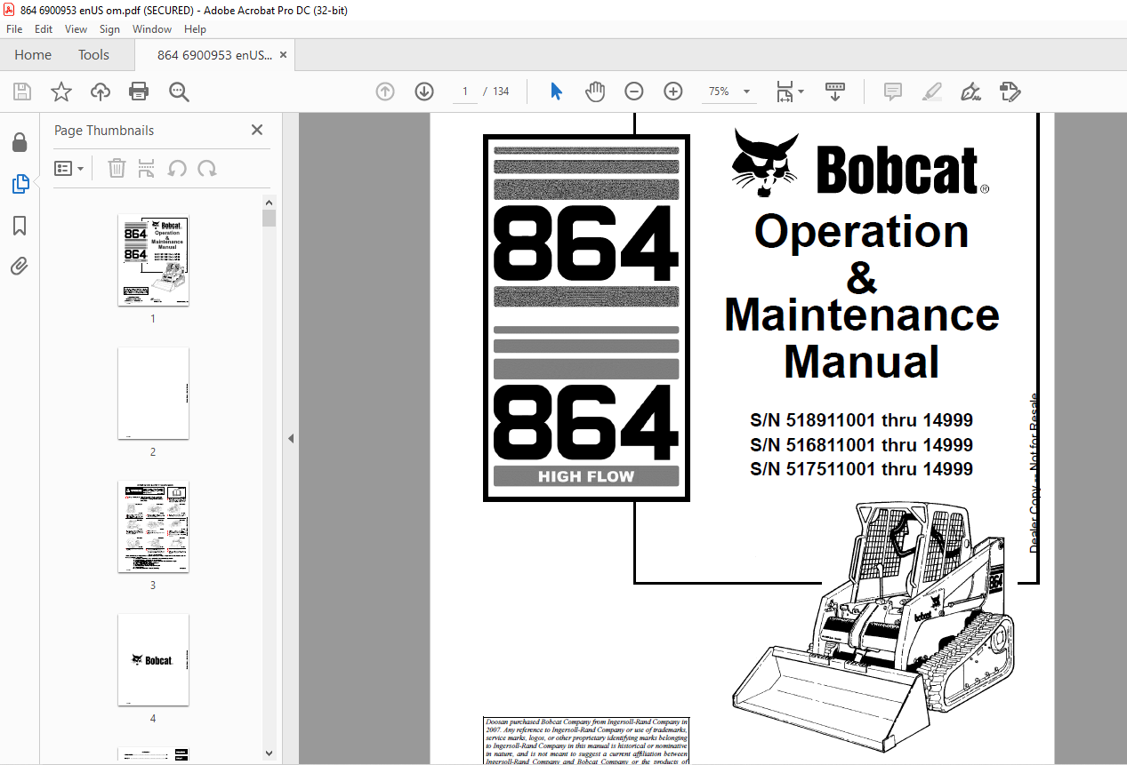 Bobcat 864 & 864 High Flow Loader Operation & Maintenance Manual ...