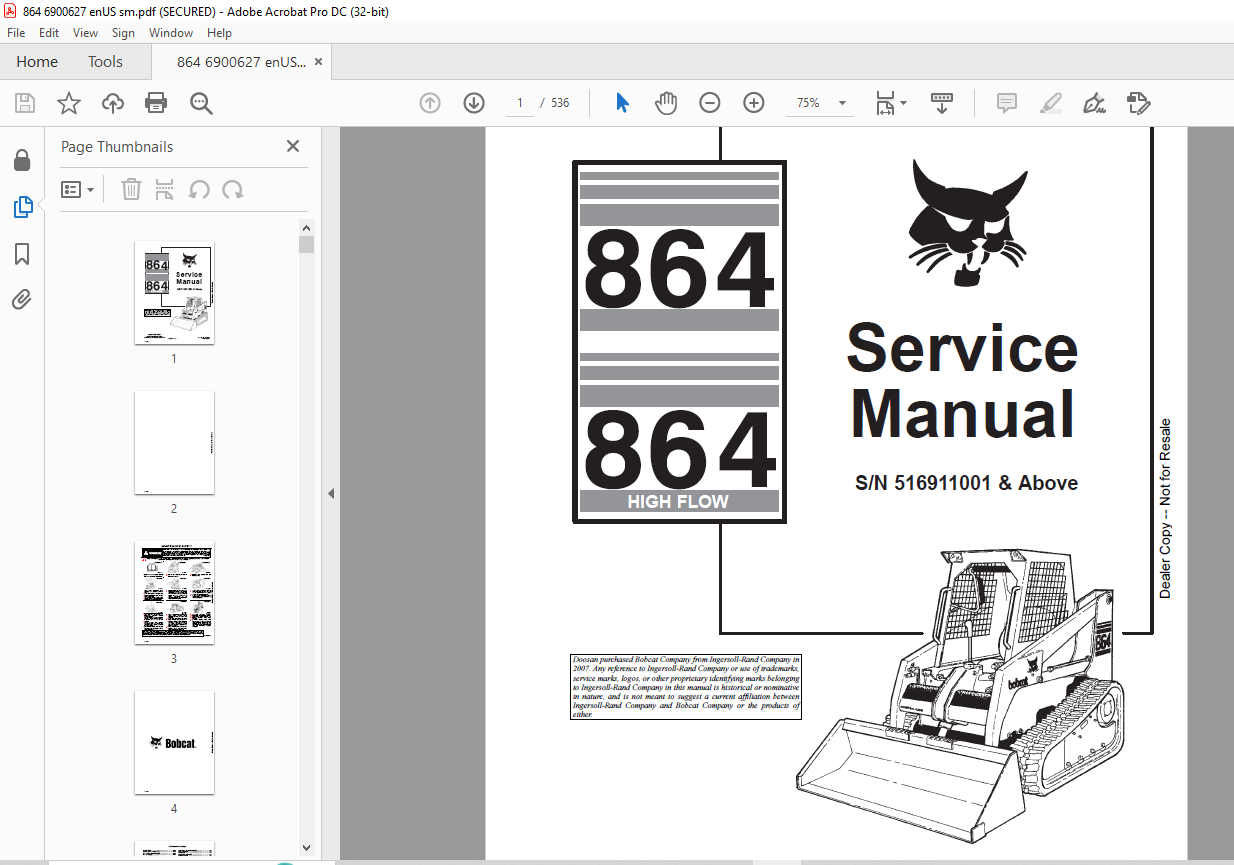 Bobcat 864 & 864 High Flow Loader Service Manual SN 516911001 & Above ...