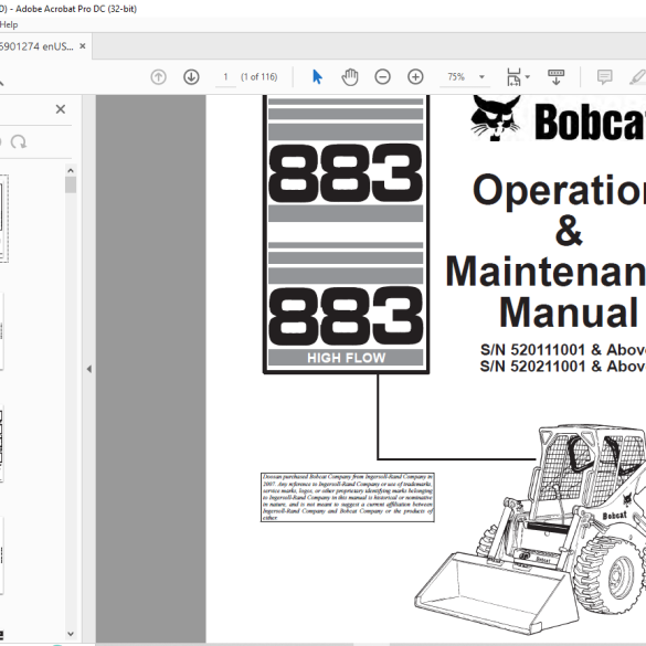 Bobcat E55 Compact Excavator Operation & Maintenance Manual SN ...