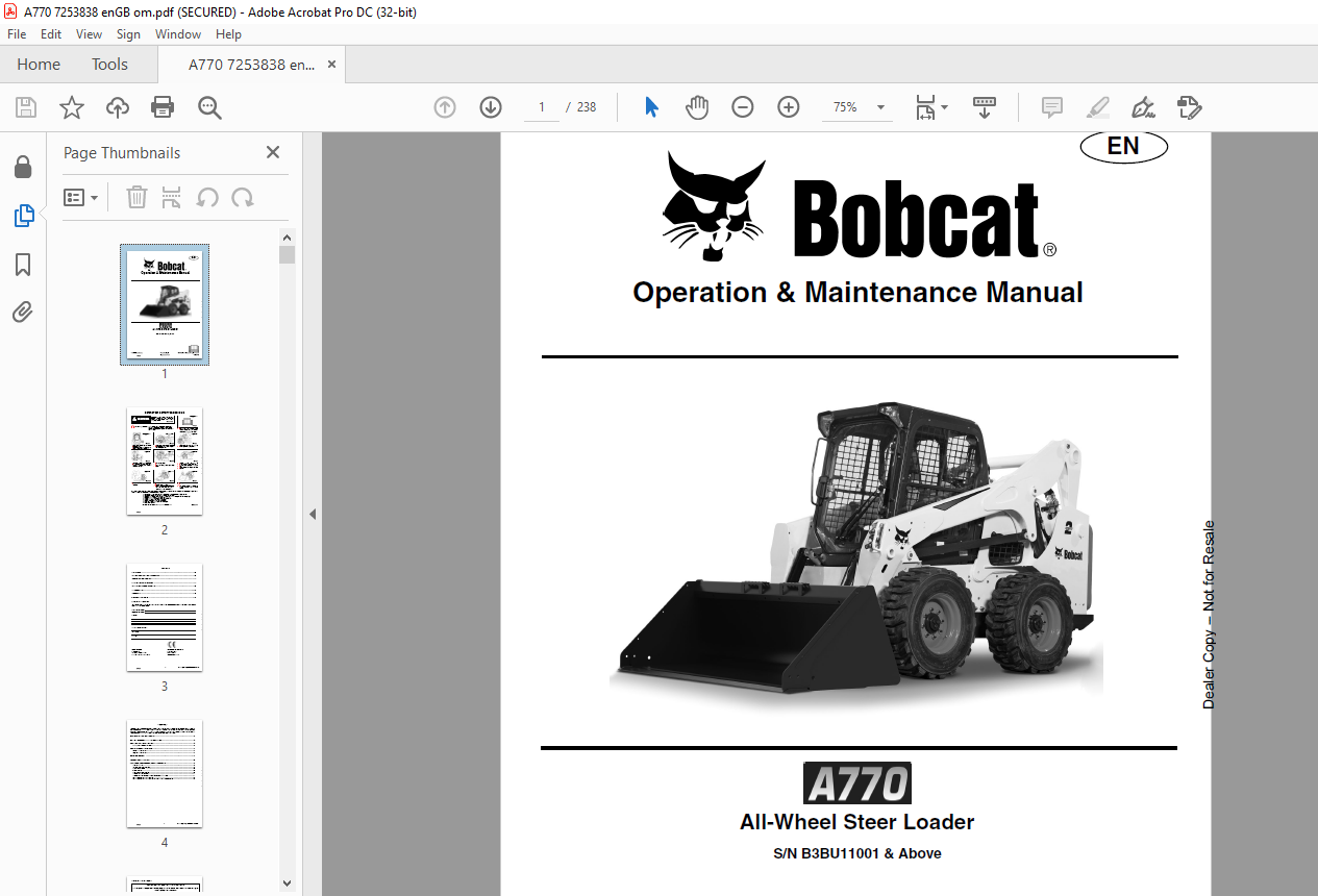 Bobcat A770 All-Wheel Steer Loader Operation & Maintenance Manual SN ...