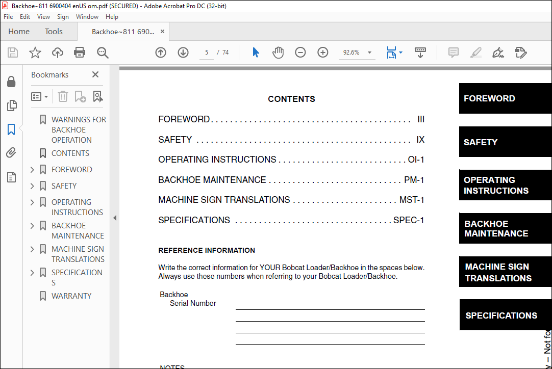 Bobcat BACKHOE 811 Operation & Maintenance Manual SN 630002837 & Above ...