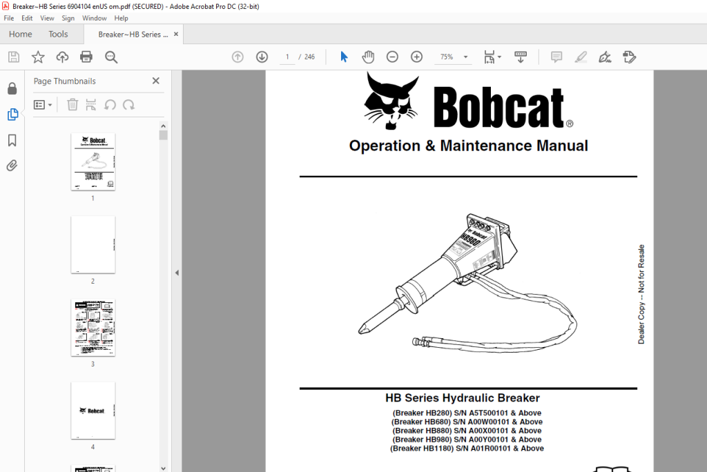 Bobcat Breaker HB280 Breaker HB680 Breaker HB880 Breaker HB980 Breaker ...