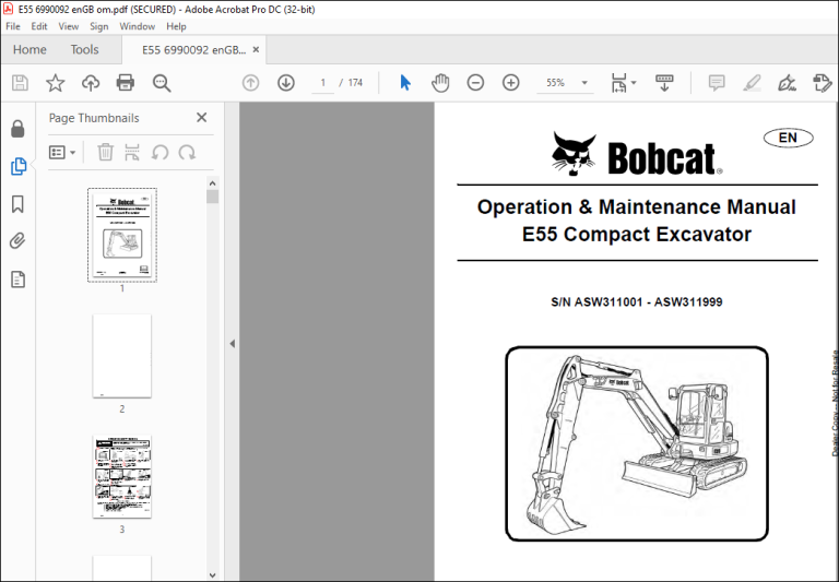 Bobcat E55 Compact Excavator Operation & Maintenance Manual SN ...