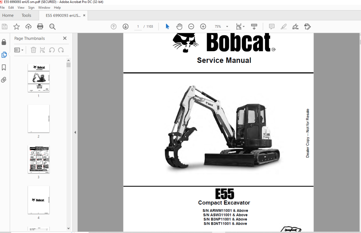 Bobcat E55 Compact Excavator Service Manual 6990093 (01-20) - PDF ...