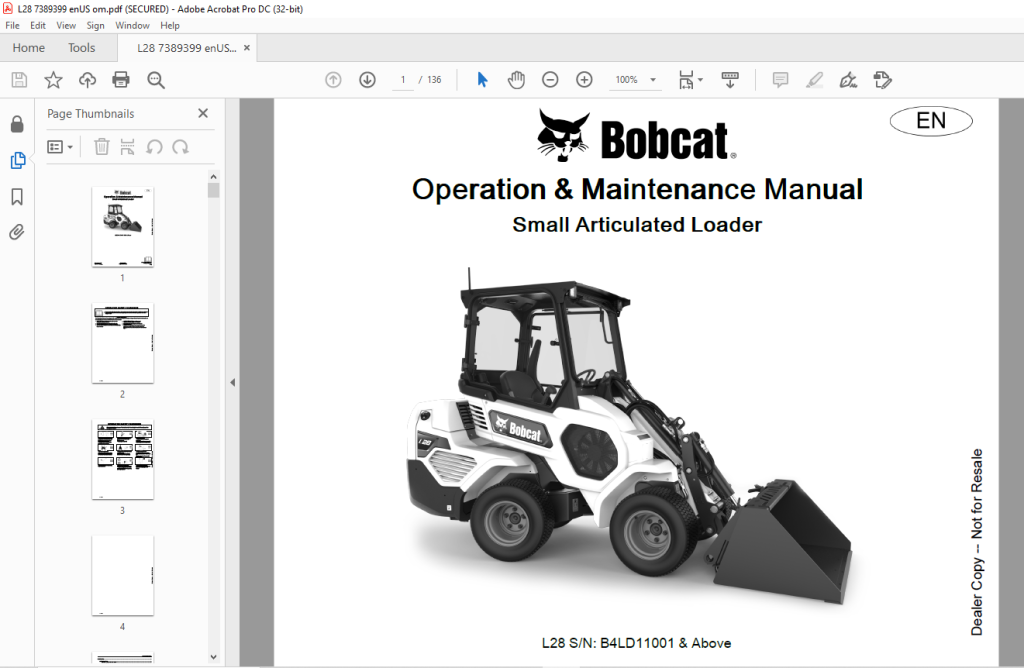 Bobcat L28 Small Articulated Loader Operation & Maintenance Manual SN ...