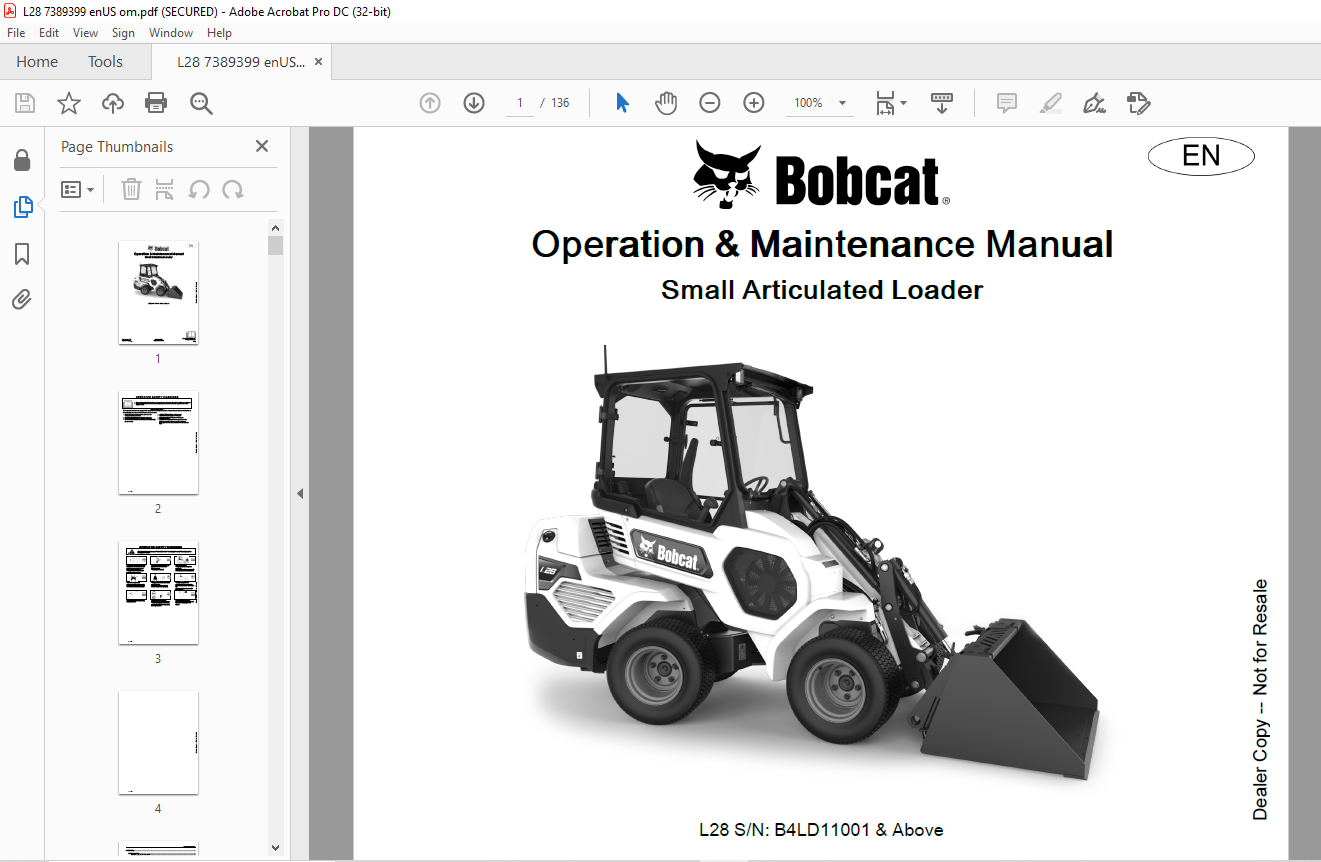 Bobcat L28 Small Articulated Loader Operation & Maintenance Manual SN ...
