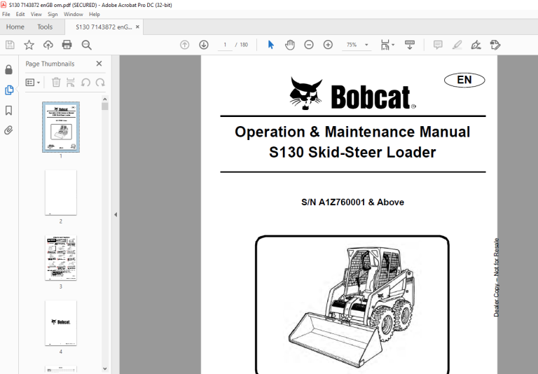 Bobcat S130 Skid-Steer Loader Operation & Maintenance Manual SN ...