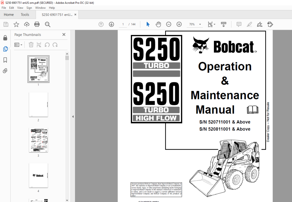 Bobcat S250 Turbo S250 Turbo High Flow Loader Operation & Maintenance ...