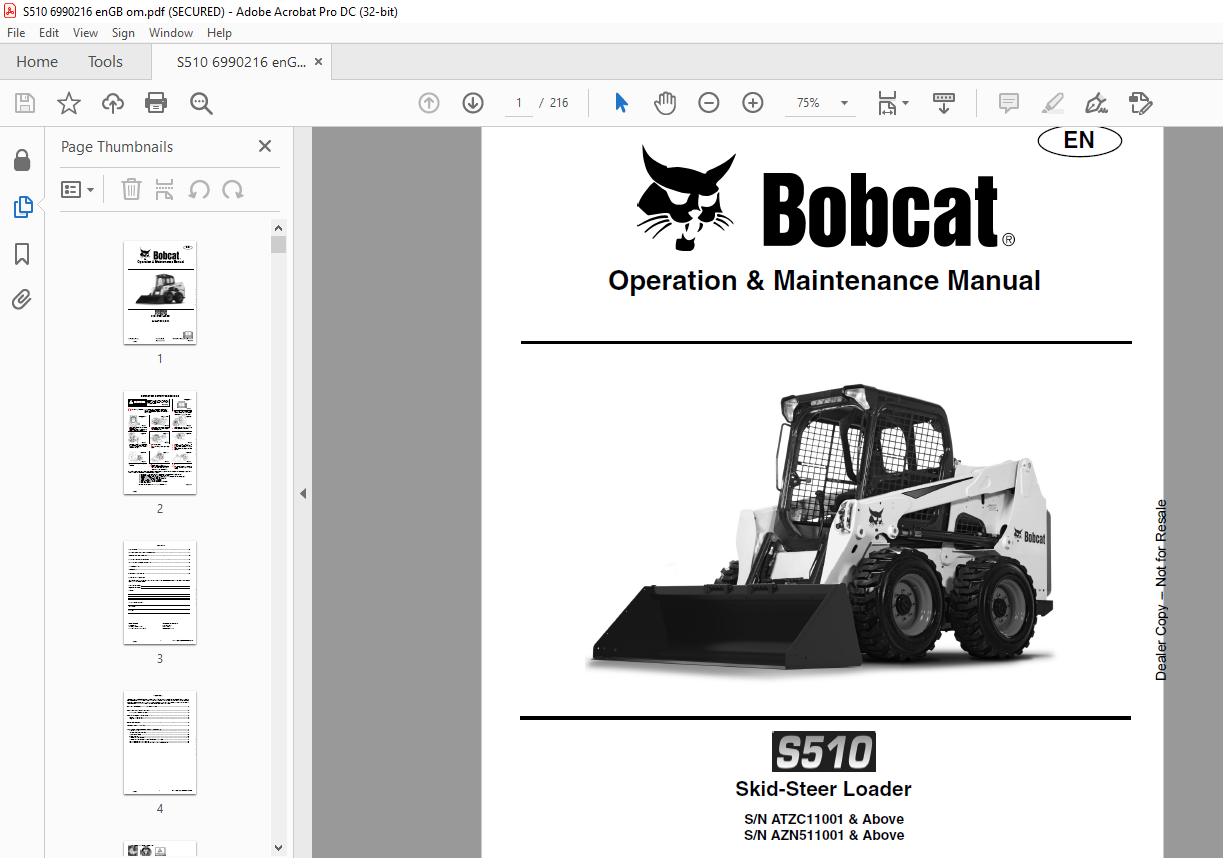 Bobcat S510 Skid-Steer Loader Operation & Maintenance Manual 6990216 ...