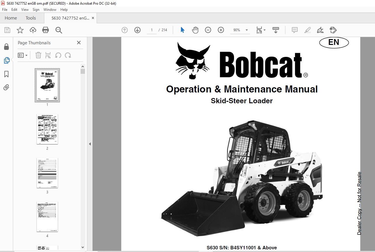 Bobcat S630 Skid-Steer Loader Operation & Maintenance Manual SN ...