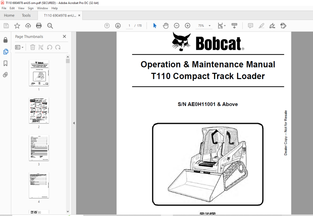 Bobcat T110 Compact Track Loader Operation & Maintenance Manual SN ...