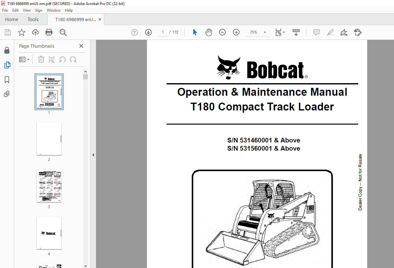 Bobcat T180 Compact Track Loader Operation & Maintenance Manual 6986999 ...