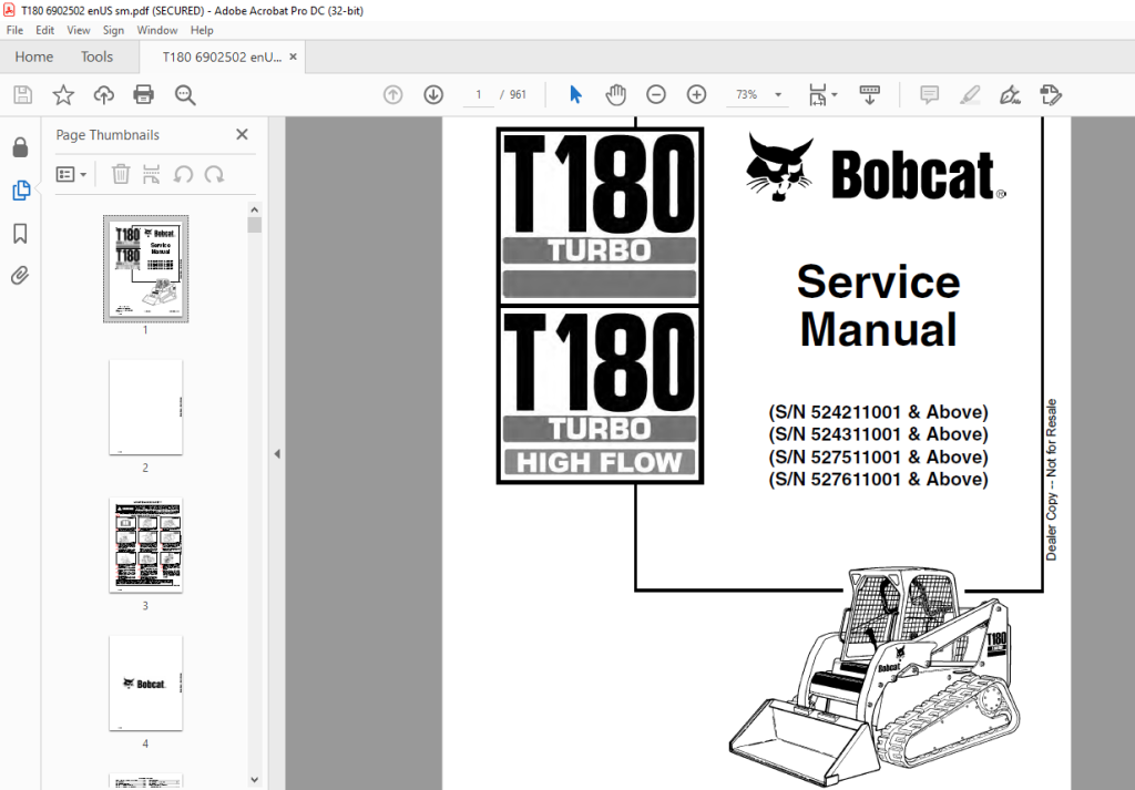 Bobcat T180 Turbo T180 Turbo High Flow Loader Service Manual 6902502 (7 ...