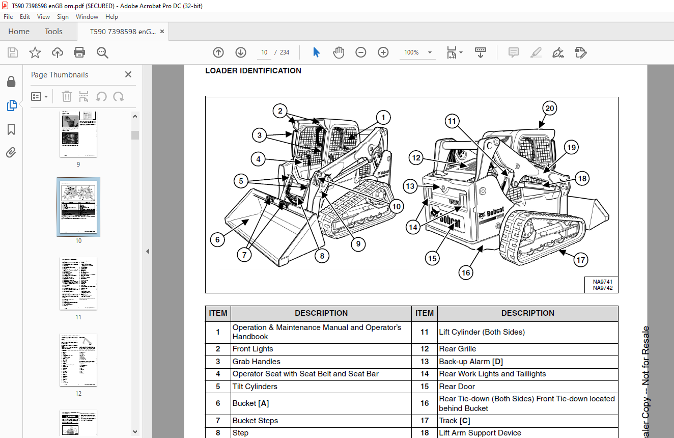 Bobcat T590 Compact Track Loader Operation & Maintenance Manual SN ...