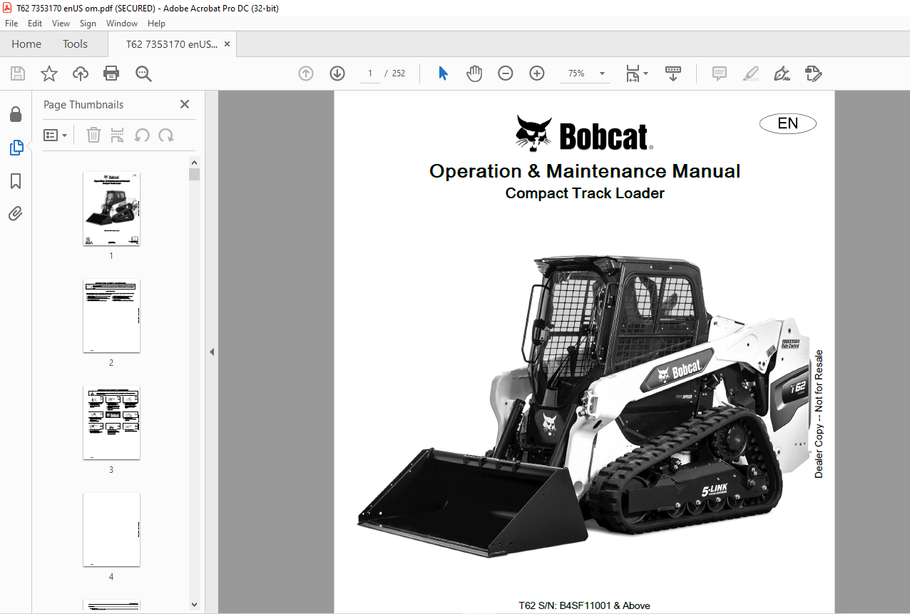 Bobcat T62 Compact Track Loader Operation & Maintenance Manual SN ...
