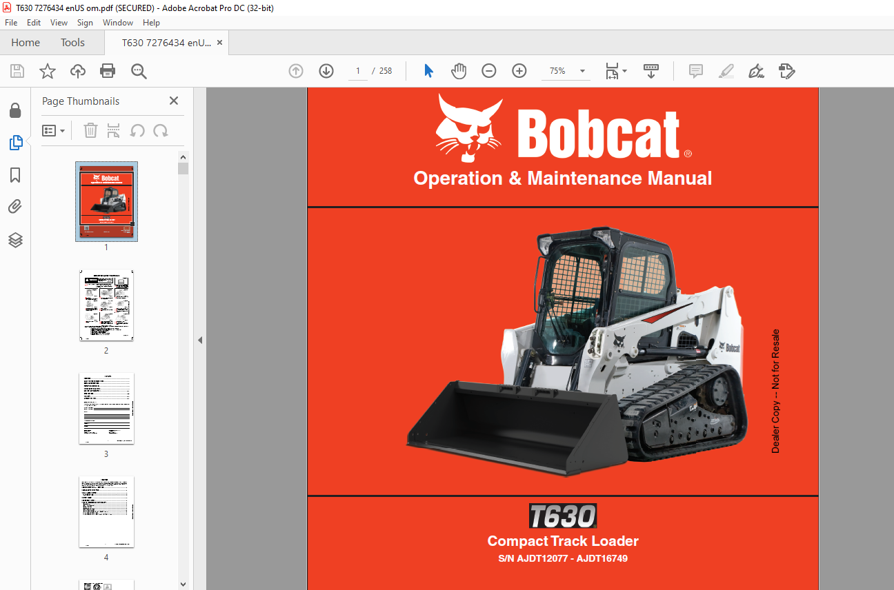 Bobcat T630 Compact Track Loader Operation & Maintenance Manual SN ...