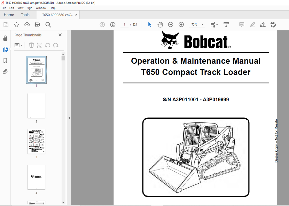 Bobcat T650 Compact Track Loader Operation & Maintenance Manual SN ...