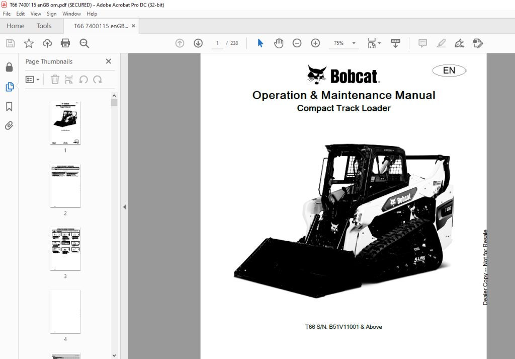Bobcat T66 Compact Track Loader Operation & Maintenance Manual SN ...