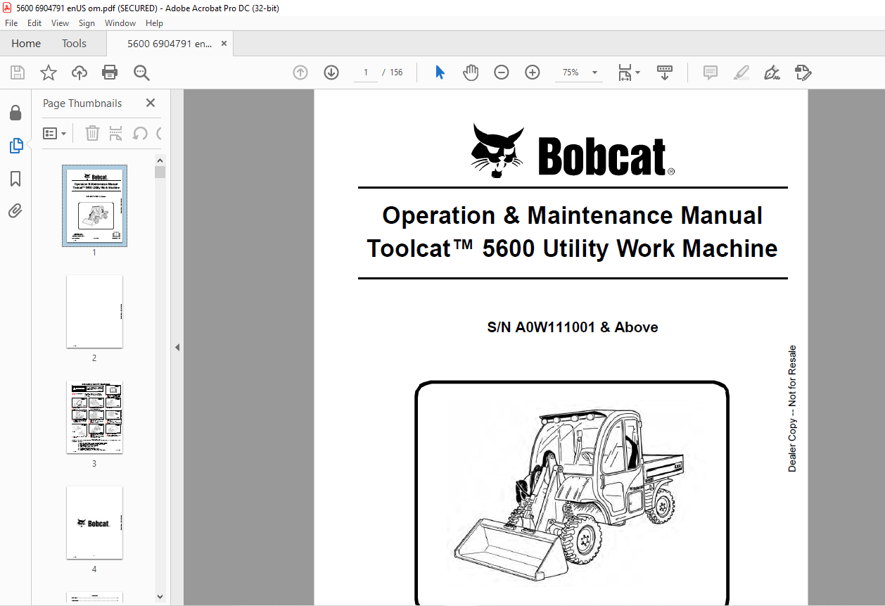 Bobcat Toolcat™ 5600 Utility Work Machine Operation & Maintenance ...