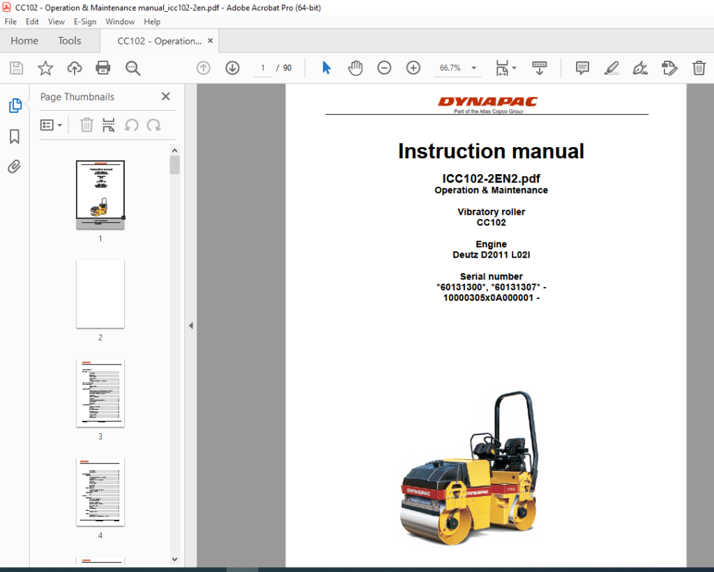 DYNAPAC Vibratory Roller CC102 Operation & Maintenance Instruction ...