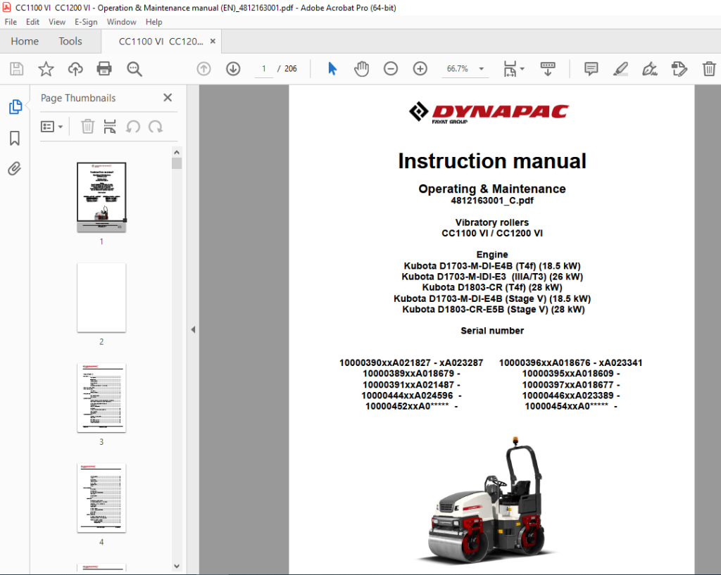DYNAPAC Vibratory Roller CC1100 VI CC1200 VI Operation & Maintenance ...