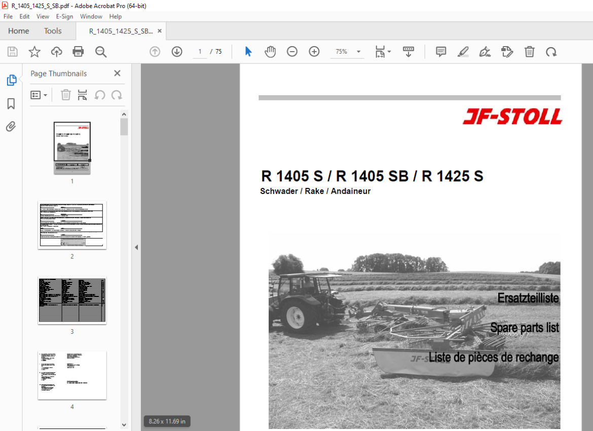 JF STOLL R 1405 S R 1405 SB R 1425 S Schwader Rake Parts Manual PDF ...