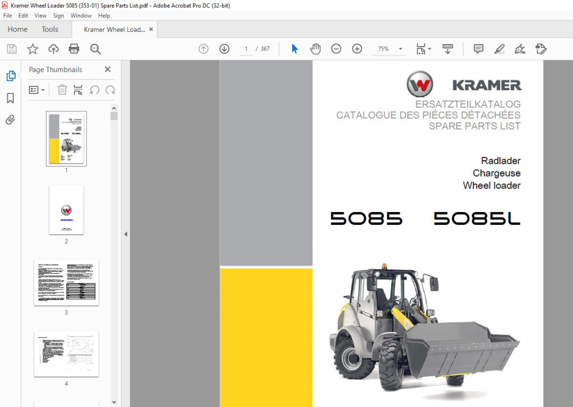 KRAMER Wheel loader 5085 5085L Spare Parts List Manual SN353010001 ...