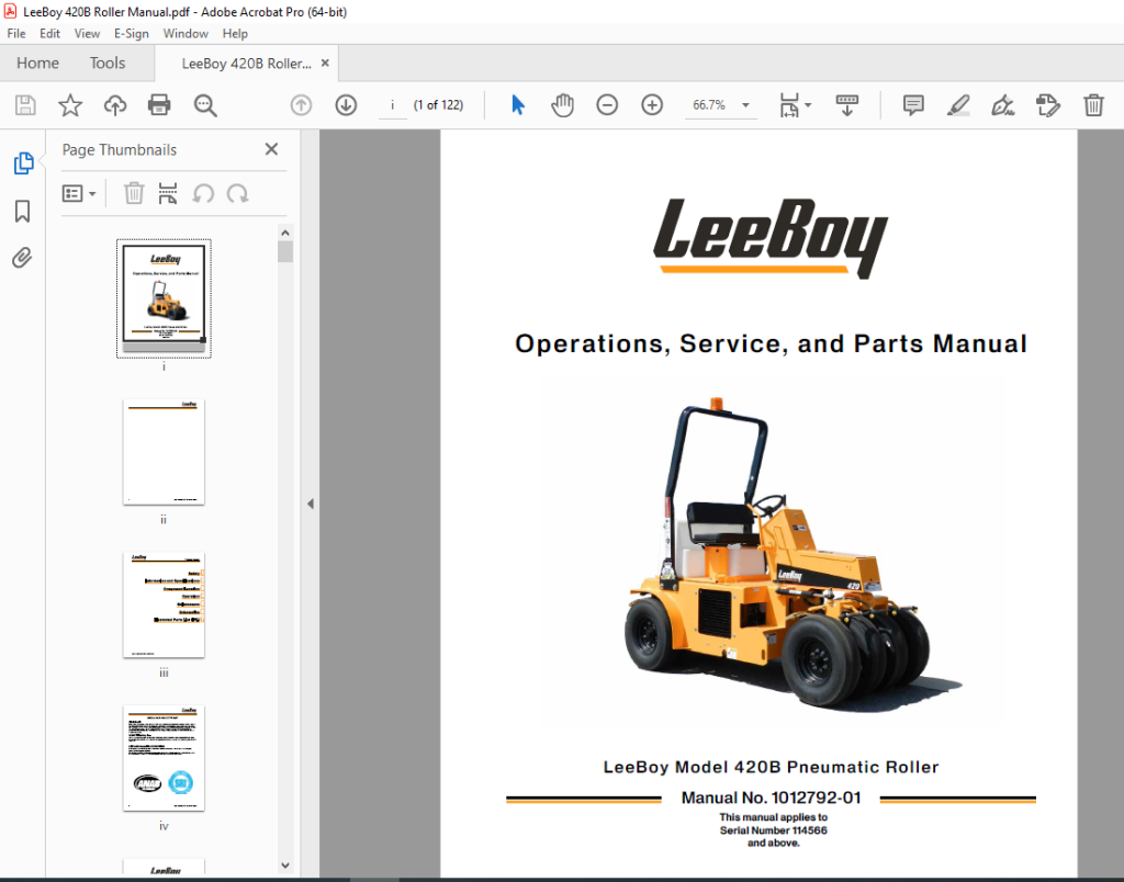 LEEBOY 420B Pneumatic Roller Operations, Service & Parts Manual 1012792 ...
