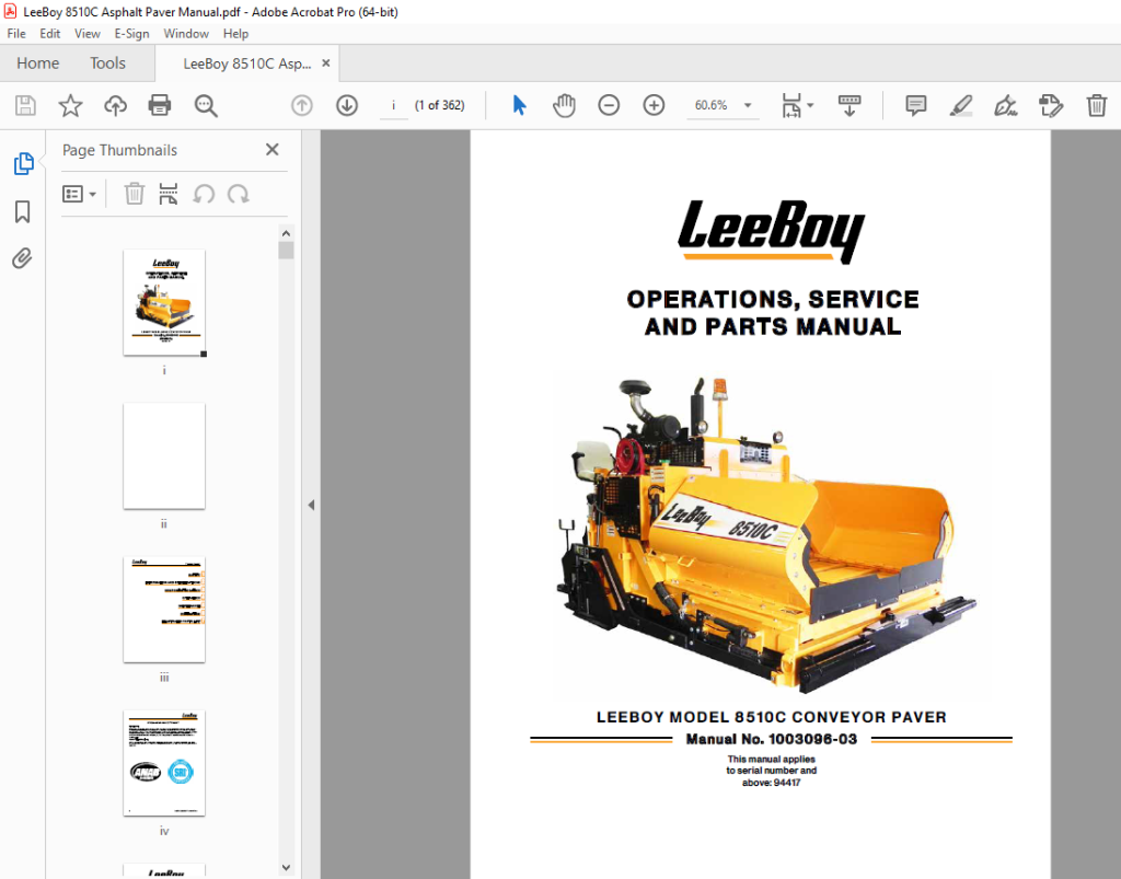 LEEBOY 8510C CONVEYOR PAVER Operations, Service & Parts Manual SN 94417 ...