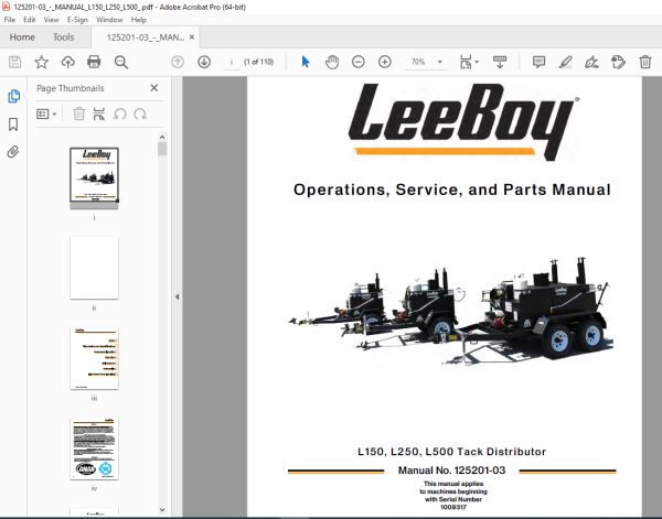 LEEBOY L150 L250 L500 Tack Distributor Operations Service & Parts ...