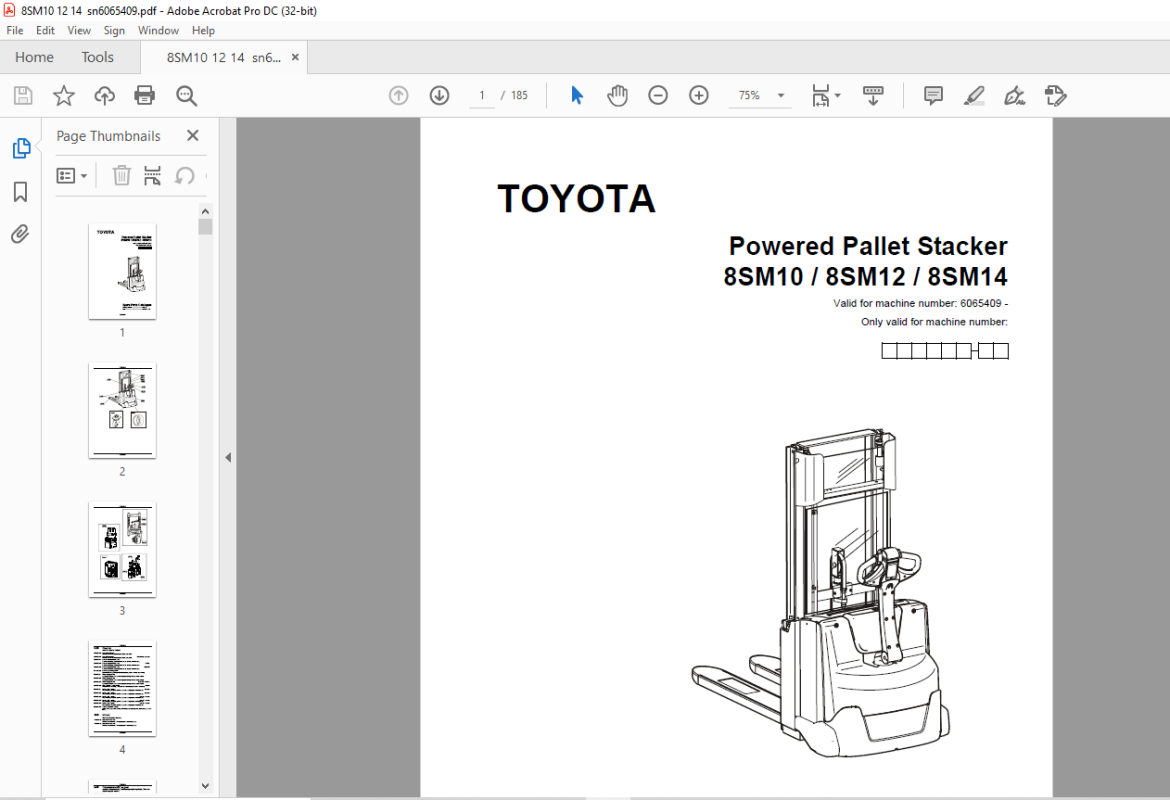 Toyota Forklift 8SM10 8SM12 8SM14 Pallet Stacker Parts Catalogue Manual ...
