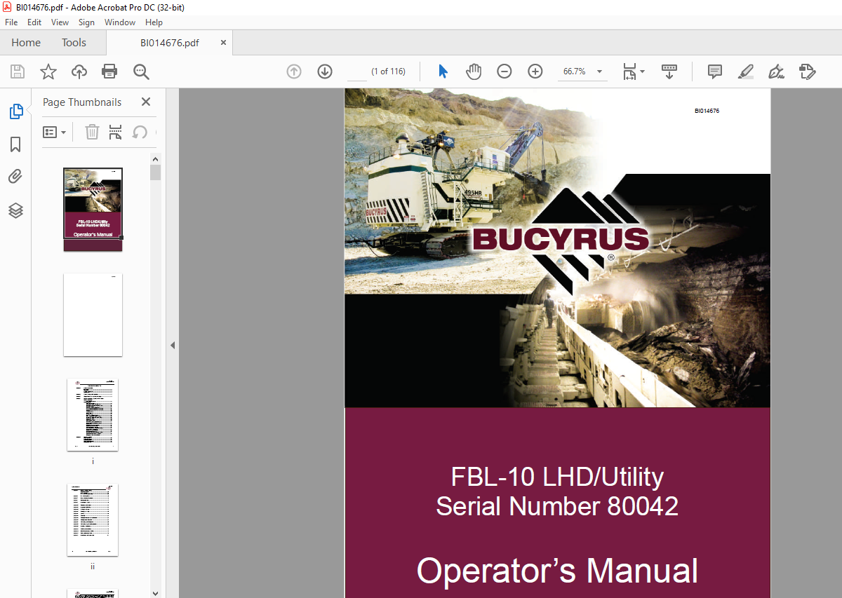CAT Bucyrus FBL-10 LHD Utility Load Haul Dump Operator’s Manual SN ...