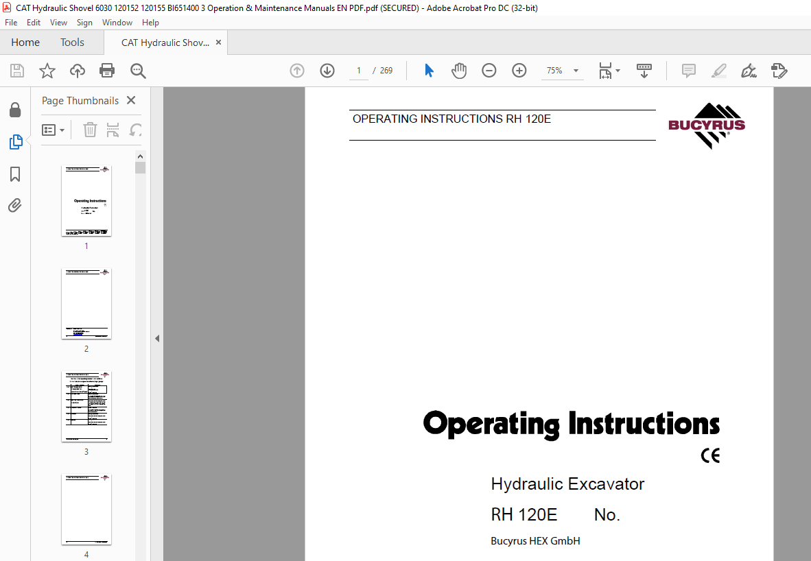 CAT Bucyrus RH 120E Hydraulic Excavator Operating Instruction Manual ...