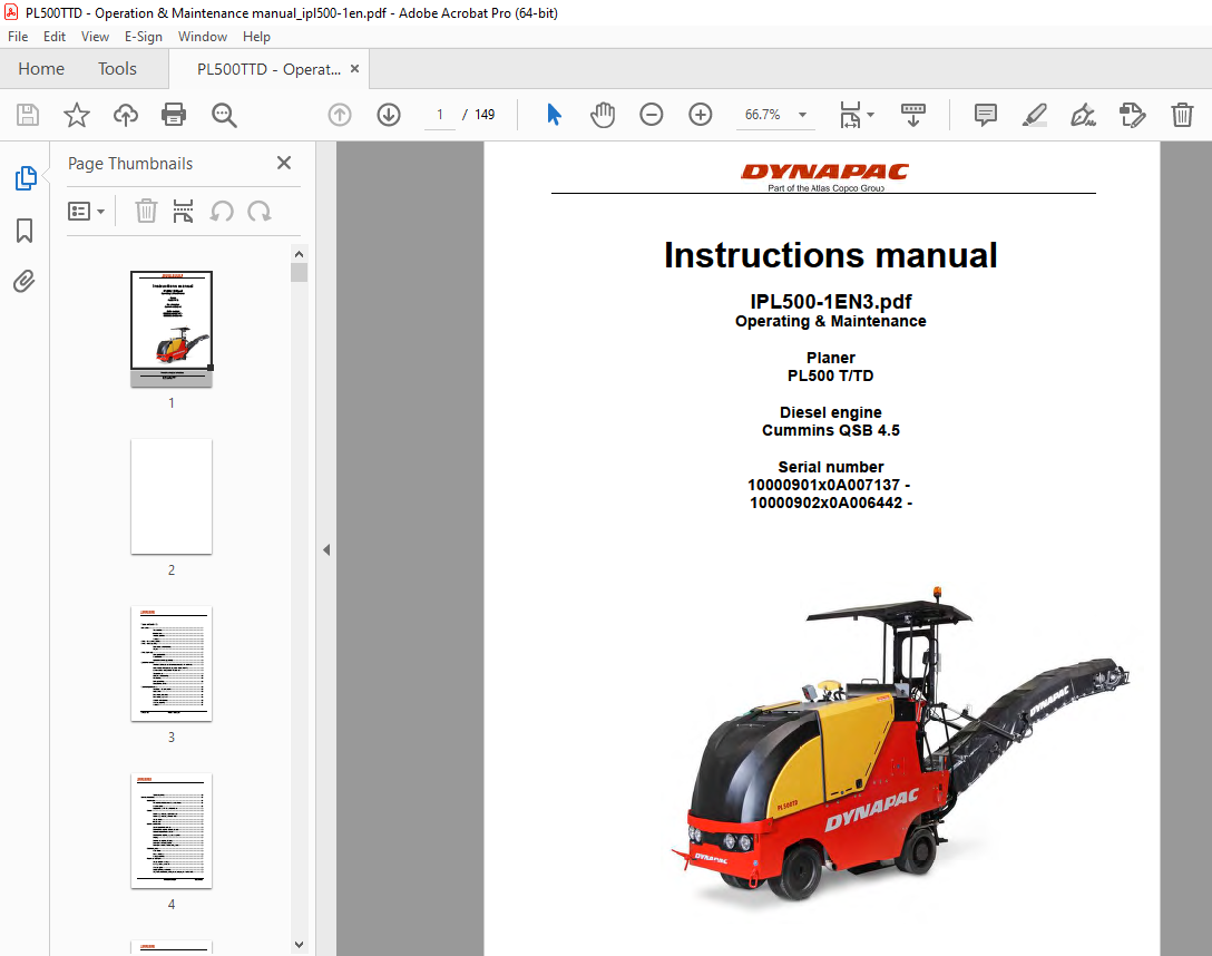 DYNAPAC Planer PL500 T TD Operation & Maintenance Instructions Manual ...