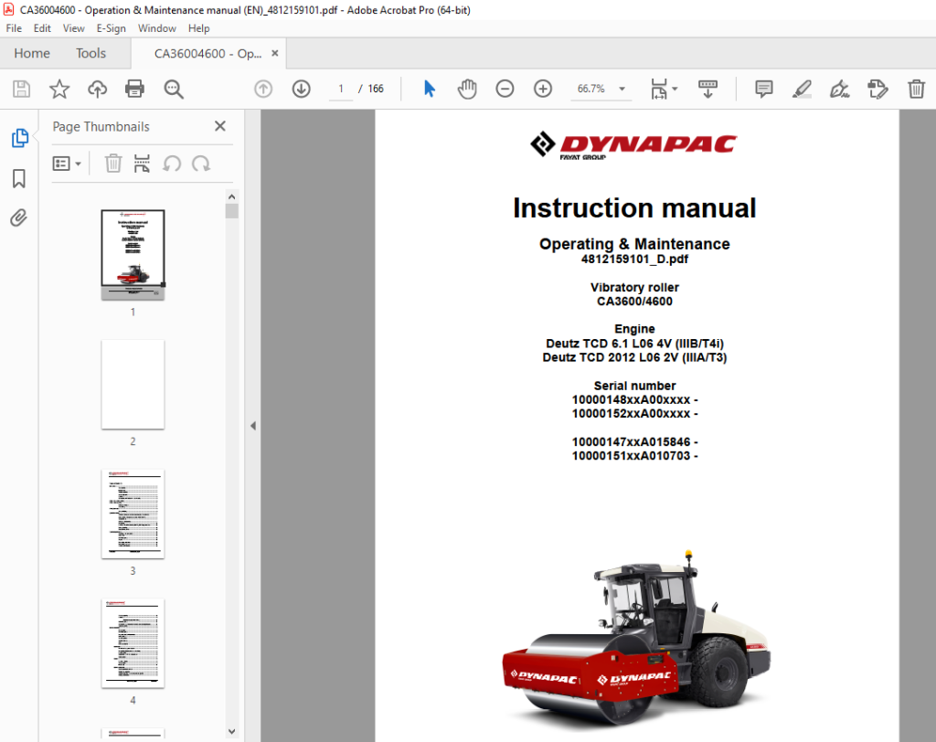 DYNAPAC Vibratory Roller CA3600 CA4600 Operation & Maintenance ...