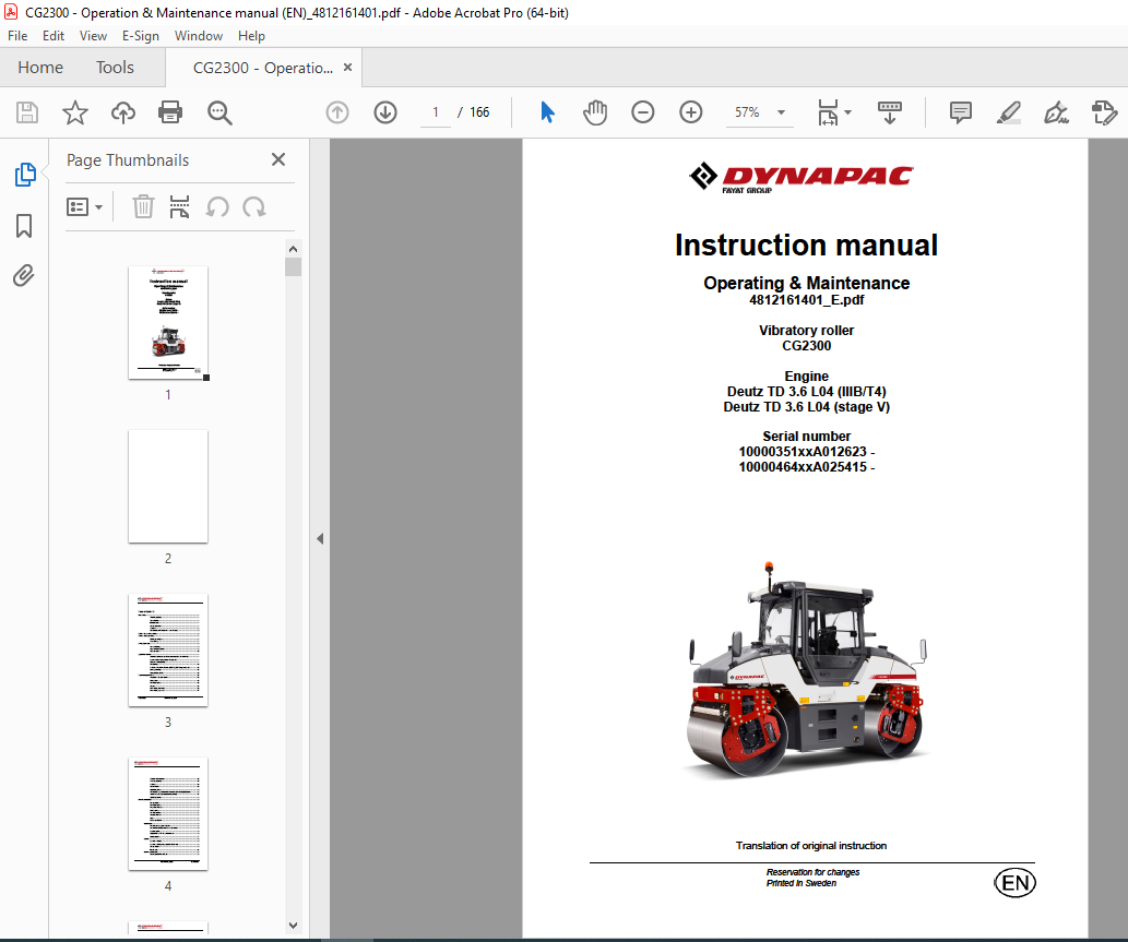 DYNAPAC Vibratory Roller CG2300 Operation & Maintenance Instruction ...