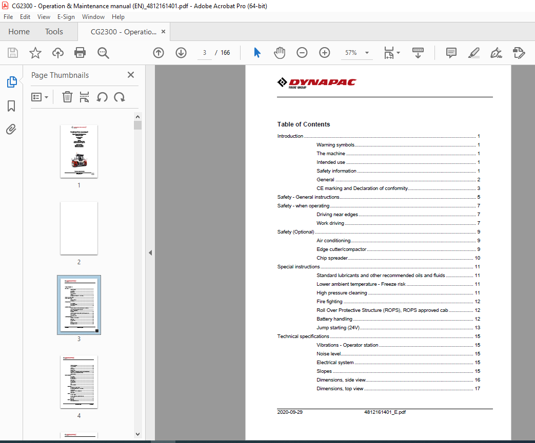 DYNAPAC Vibratory Roller CG2300 Operation & Maintenance Instruction ...