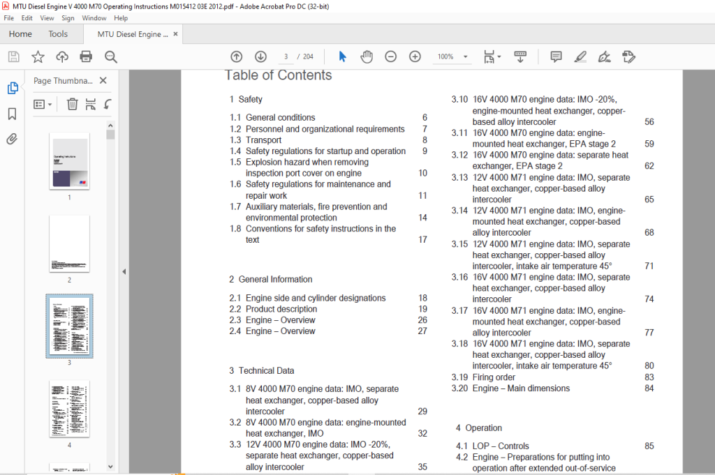 MTU Diesel Engine V 4000 M70, V 4000 M71 Operating Instructions Manual ...
