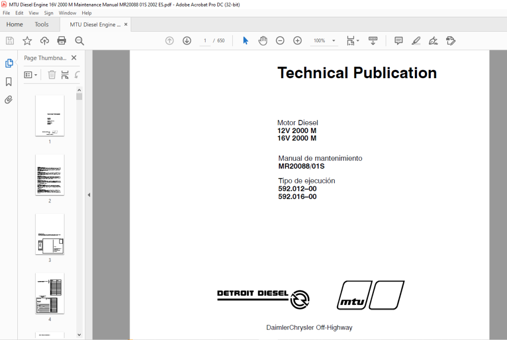 MTU Motor Diesel 12V 2000 M, 16V 2000 M Maintenance Manual MR20088-01S ...