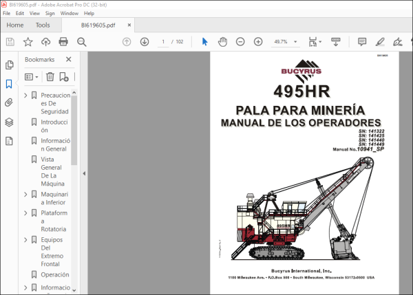 CAT BUCYRUS 495HR Palas para Minería Manual de los Operadores BI619605 ...