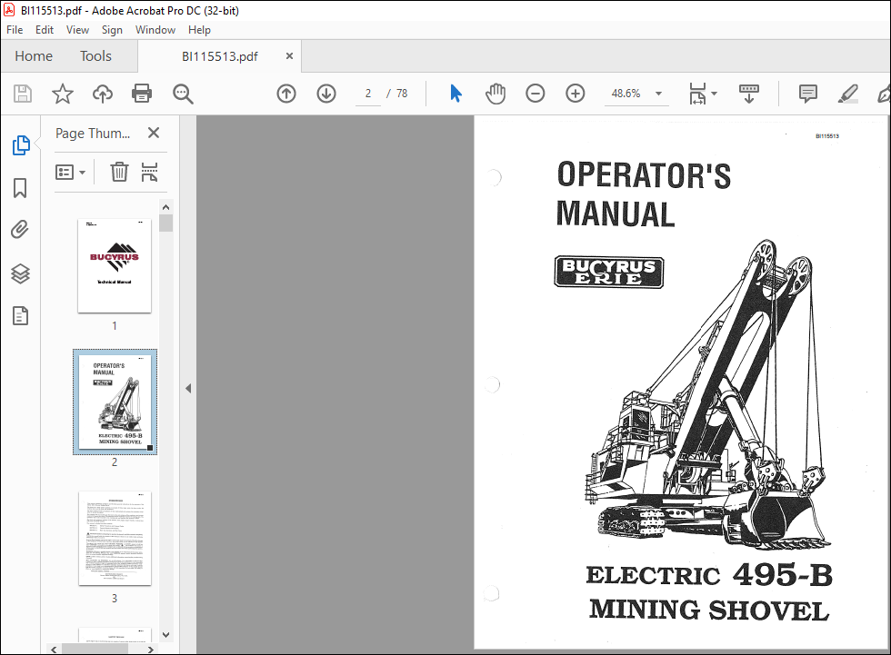 CAT BUCYRUS ELECTRIC 495-B MINING SHOVEL OPERATOR’S MANUAL - PDF DOWNLOAD