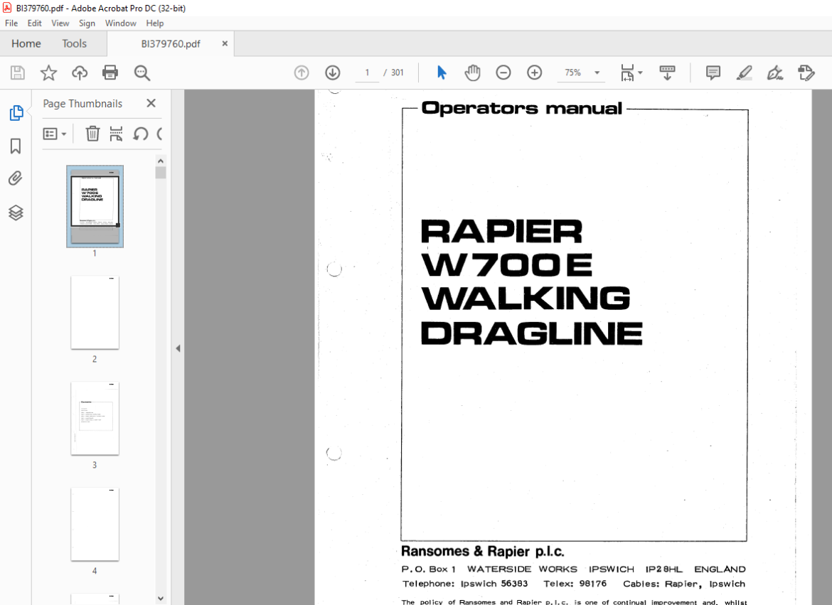 Cat Bucyrus Rapier W700E Walking Dragline Operators Manual BI379760 ...