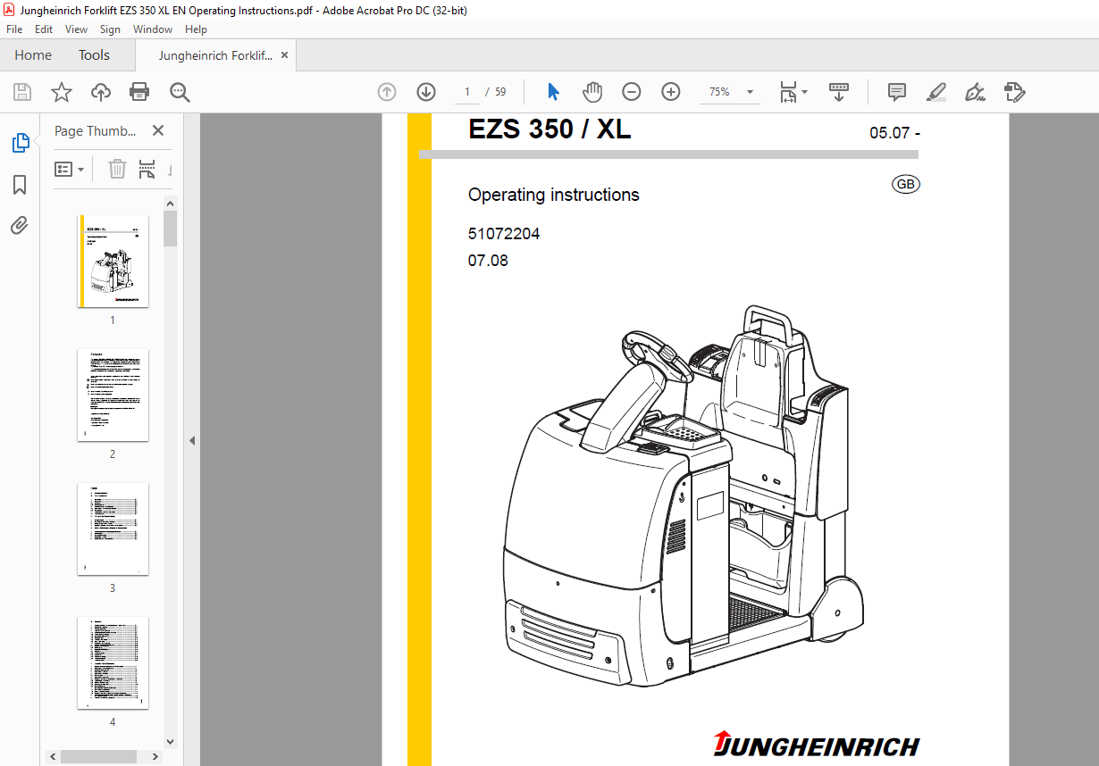 Jungheinrich Forklift EZS 350 XL Operating Instructions Manual 51072204 ...