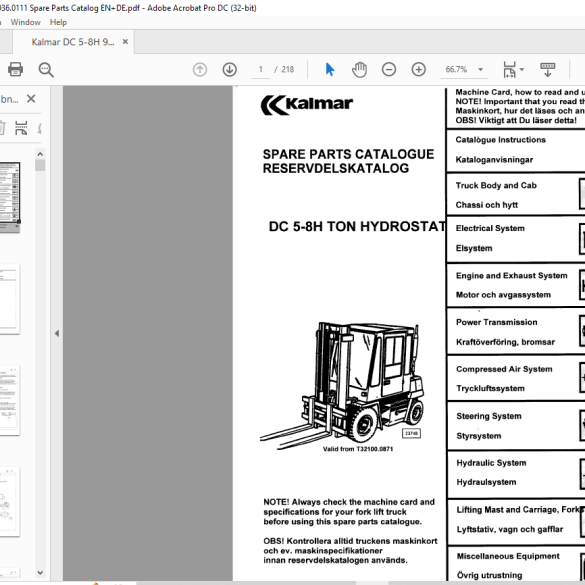 Kalmar Forklift Truck DC 5-8H TON Hydrostat Spare Parts Catalogue ...