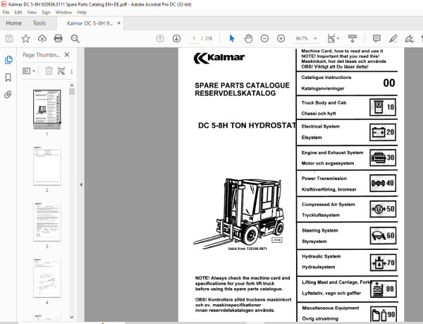Kalmar Forklift Truck DC 5-8H TON Hydrostat Spare Parts Catalogue ...