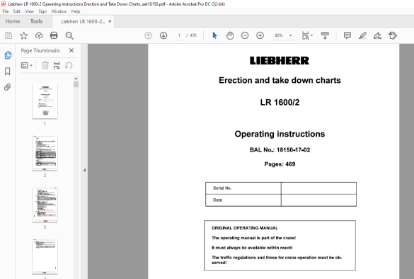 Liebherr LR 1600-2 Erection & Take Down Charts Operating Instruction ...