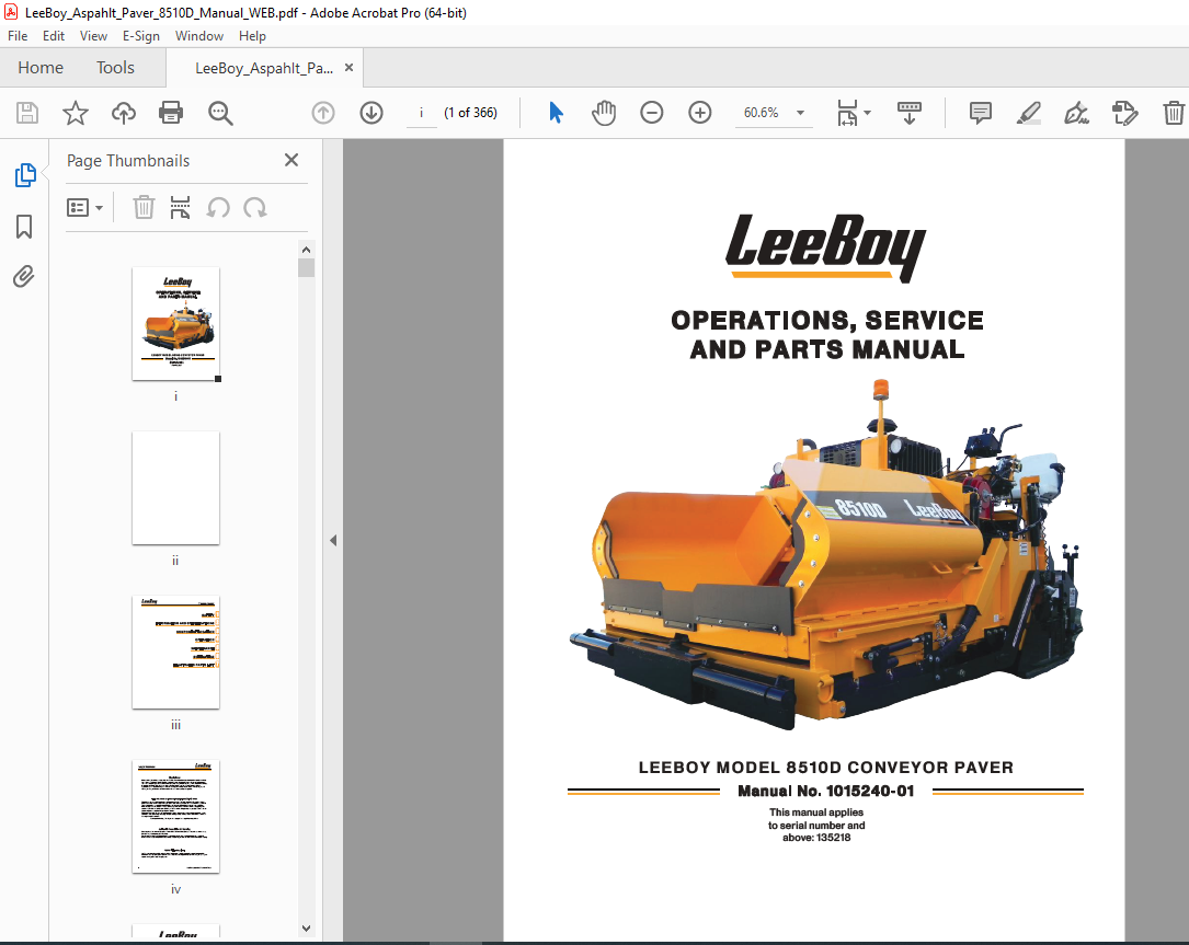 LEEBOY 8510D CONVEYOR PAVER Operations, Service & Parts Manual SN ...