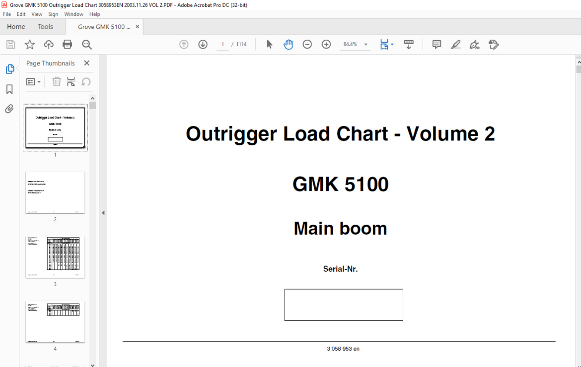 Grove Crane GMK 5100 Outrigger Load Chart Manual 3058953 Vol 2 - PDF ...