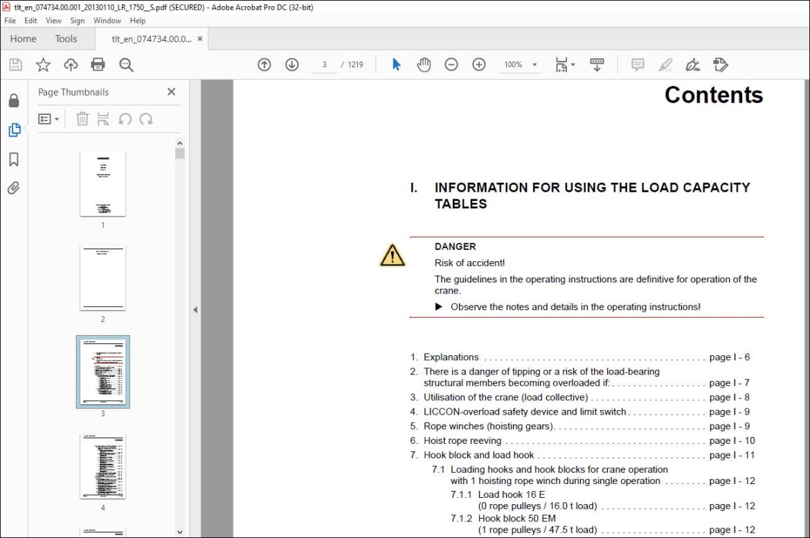 Liebherr Crawler Crane LR 1750 S Load Chart Manual 074734 – PDF ...