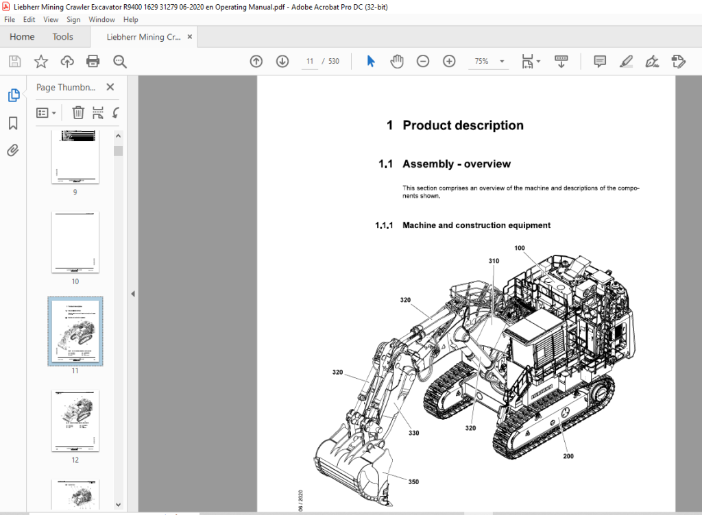Liebherr R 9400 Hydraulic Excavator Operating Manual SN 31279 - PDF ...